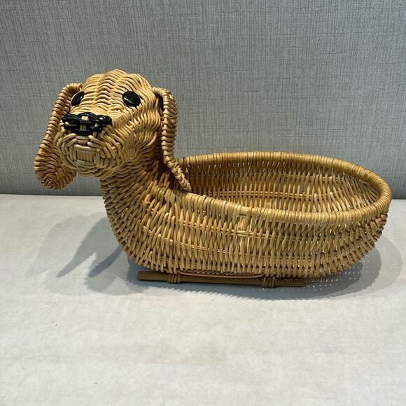 Vintage | Accents | Vtg Woven Wicker Puppy Basket Dog Shaped Rattan ...